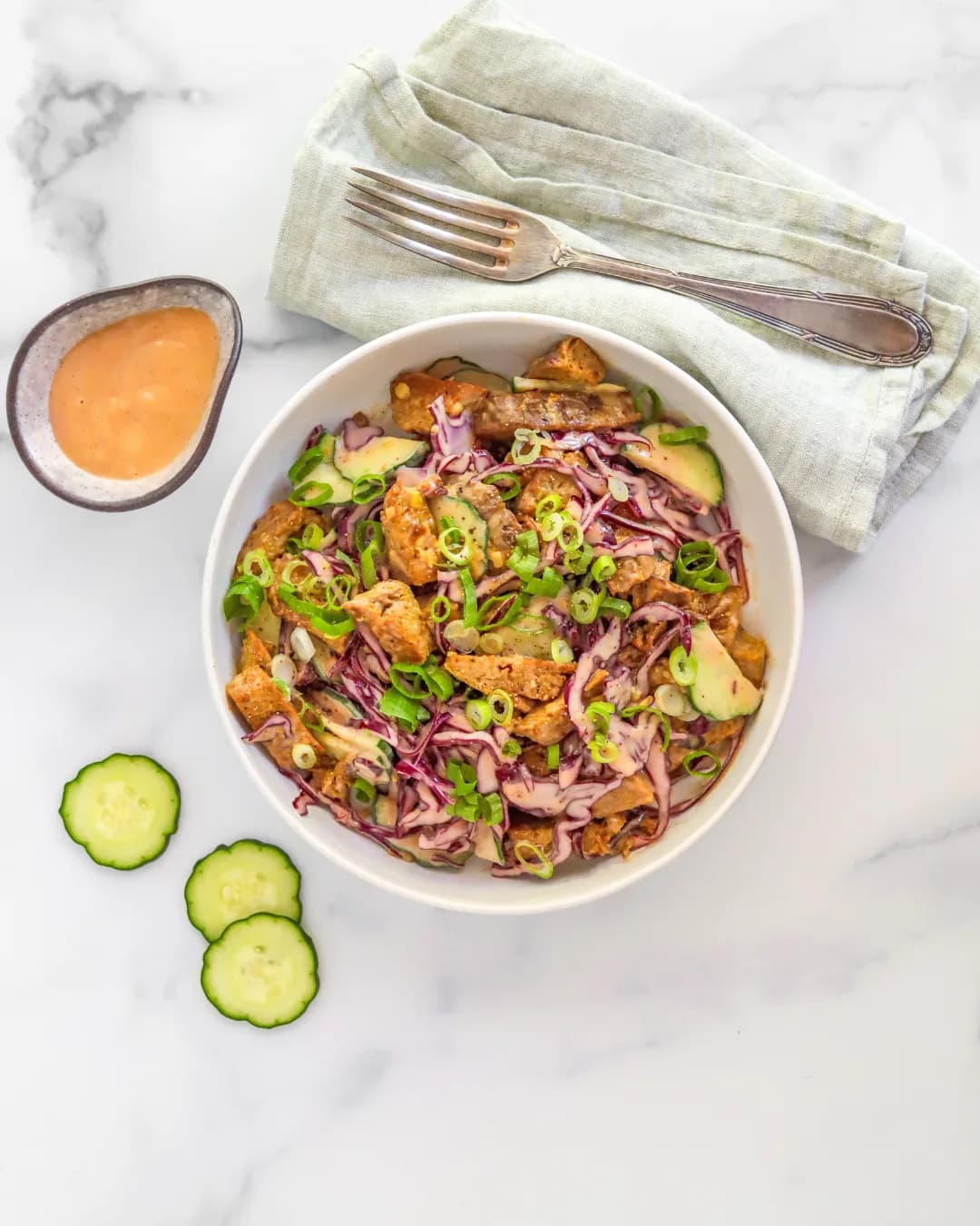 Curied Seitan Salad with Mango Dressing by drvegan