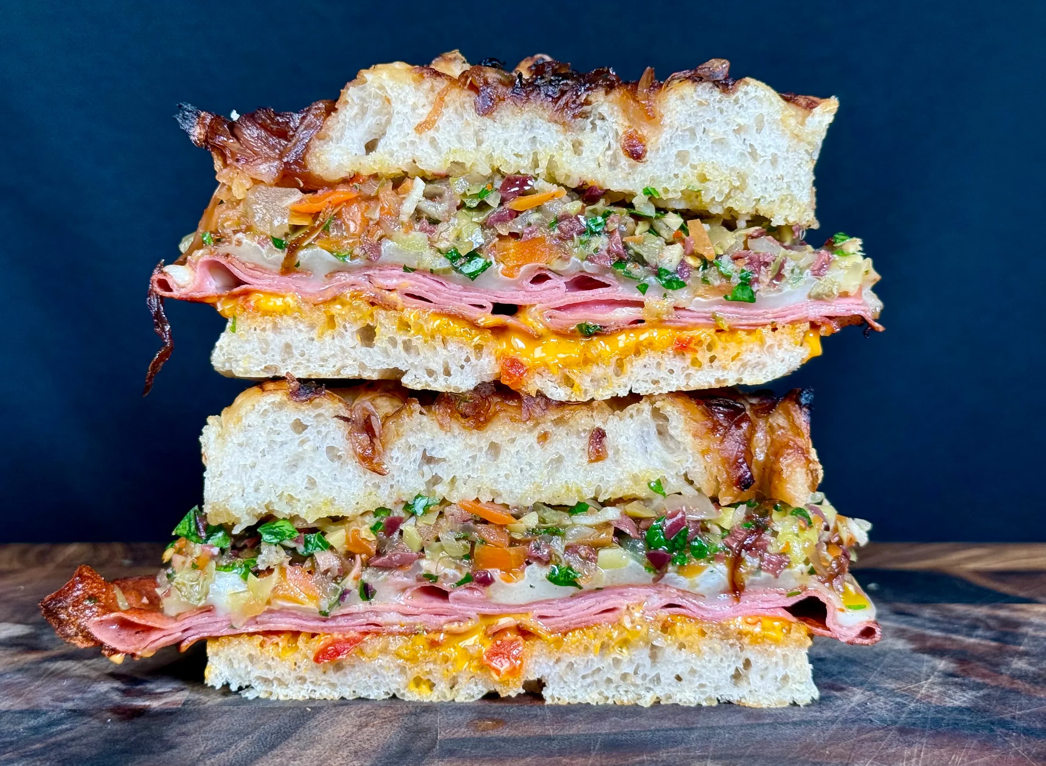 Fried Mortadella x Muffuletta Sando